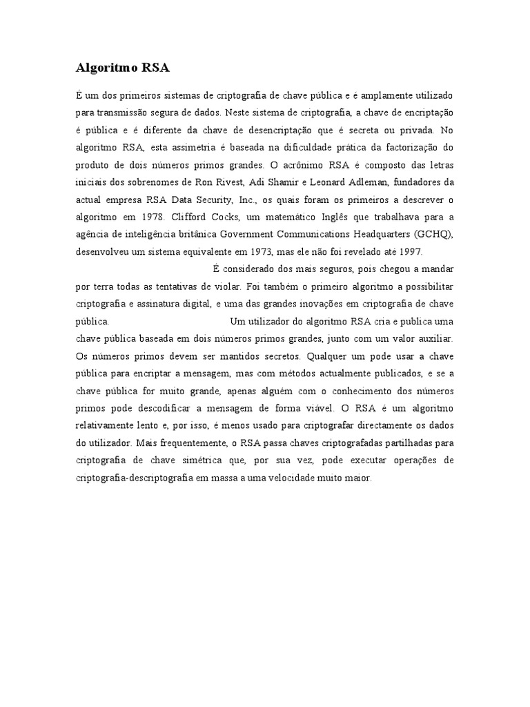 Algoritmo Rsa Pdf Criptografia De Chave Pública Sigilo
