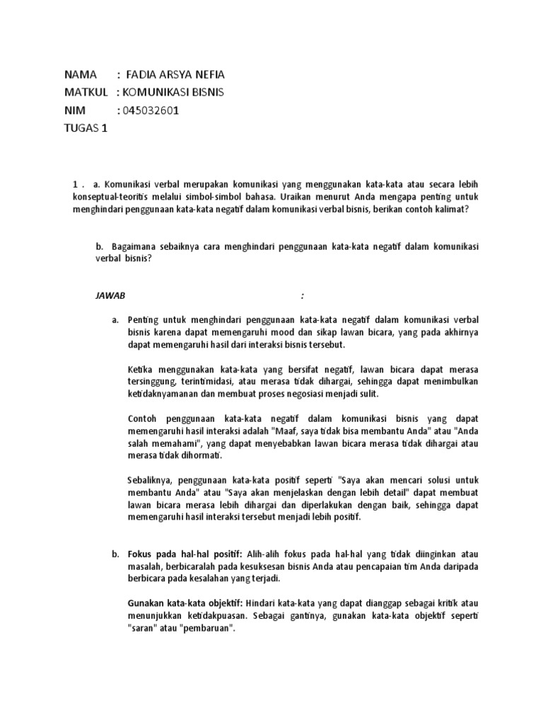 Tugas 1 Komunikasi Bisnis Fadia | PDF
