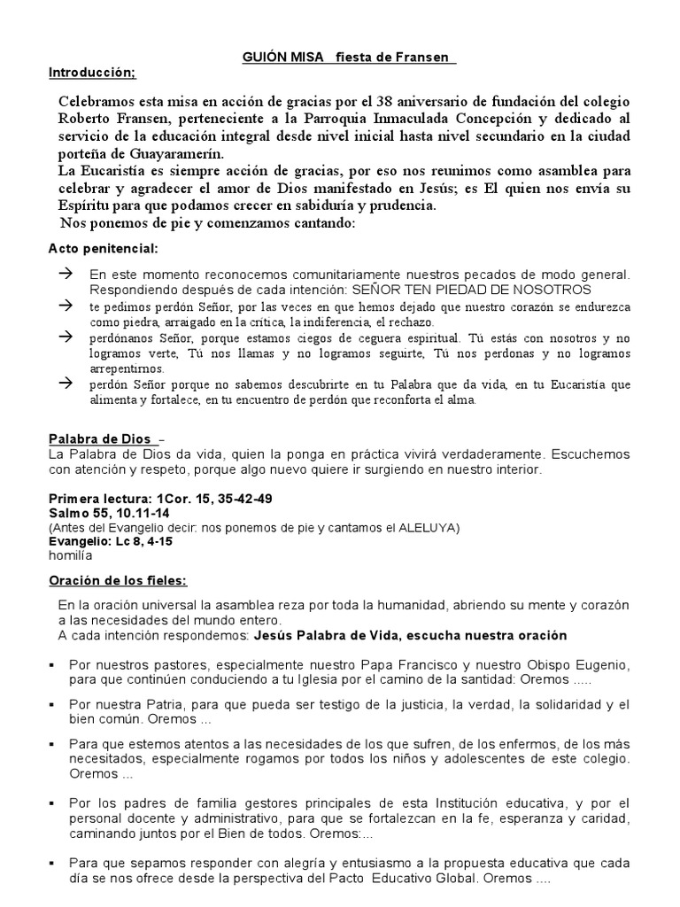 GUIÓN MISA Fransen | PDF | eucaristía | Misa (liturgia)