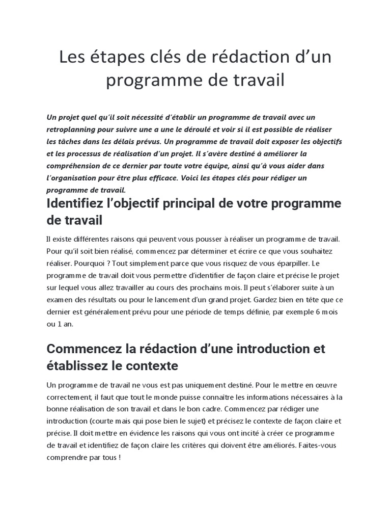 Rédiger un programme de travail efficace | PDF | Gestion de projet ...