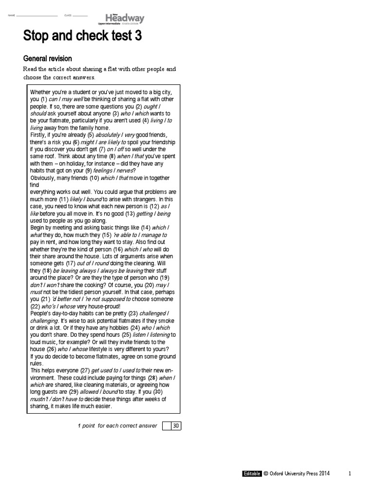 4B Quiz 1 Units 5-6 | PDF | Roommate