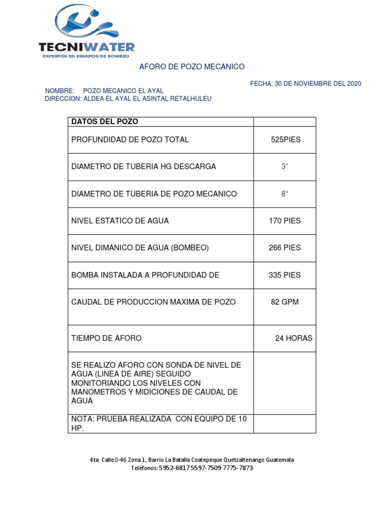 Aforo de Pozo Aldea Xab El Asintal Retalhuleu | PDF