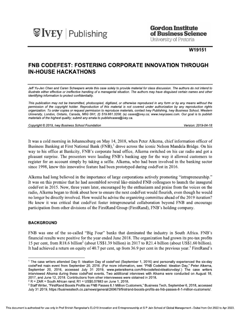FNB Codefest - Fostering Corporate Innovation - Set A | PDF
