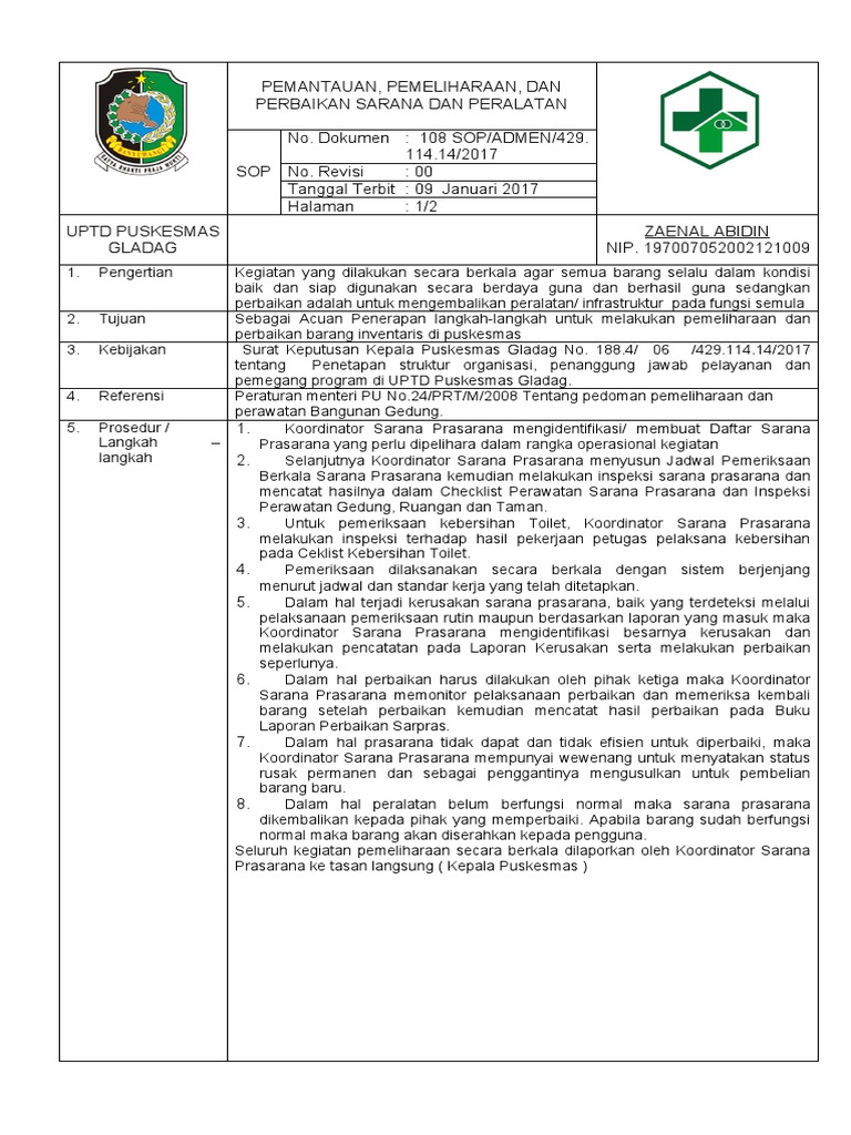 SOP Pemeliharaan dan Perbaikan Sarpras | PDF | Bisnis | Sains & Matematika