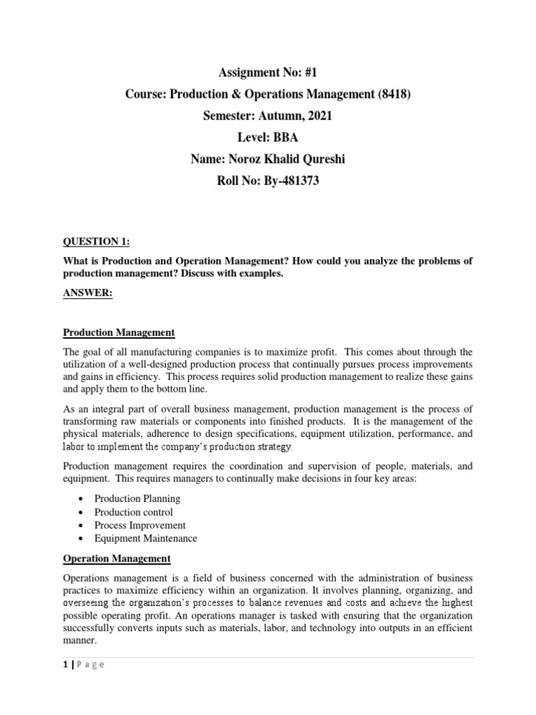 Assignment No 1 Production & Operations Management (8418) . | PDF ... Assignment No 1 Production & Operations Management (8418) . | PDF ...