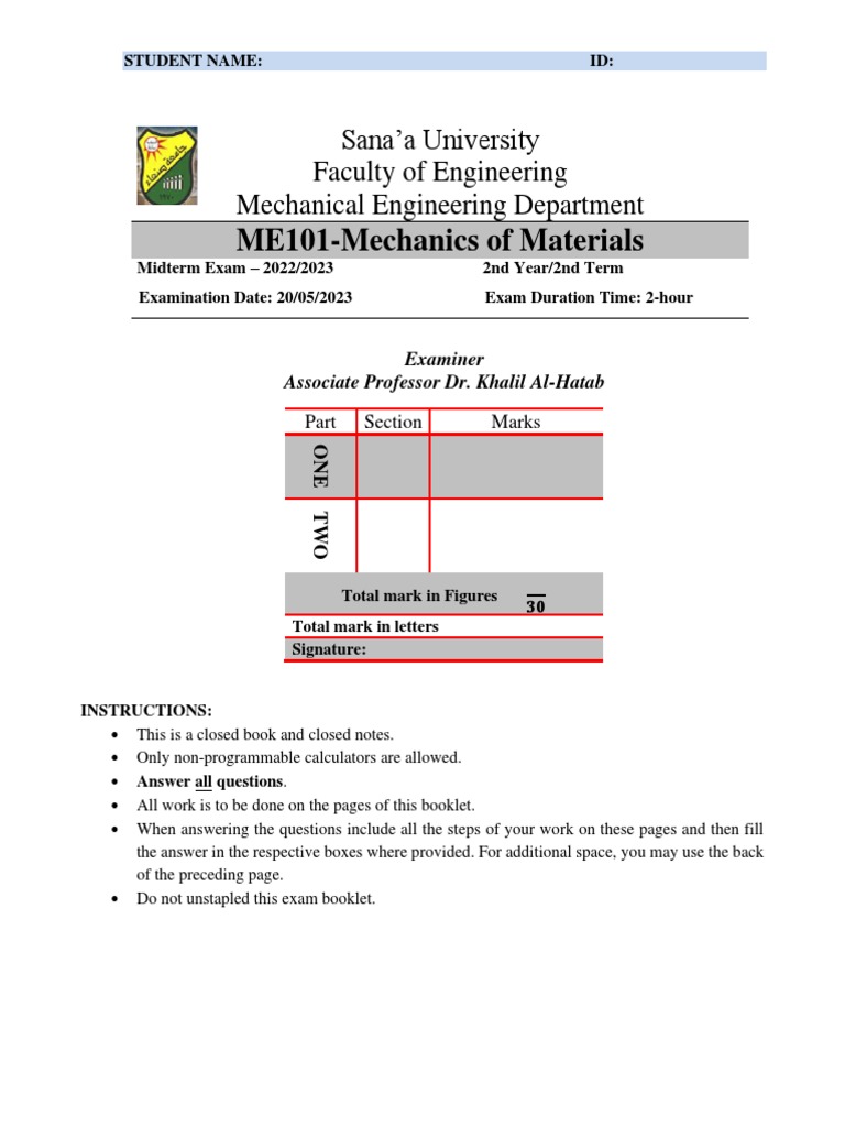 ME101 Mechanics of Materials Midterm Exam | PDF | Stress (Mechanics ...