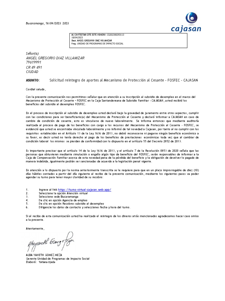 Solicitud Reintegro - CS202300293113 | PDF | Desempleo | Gobierno