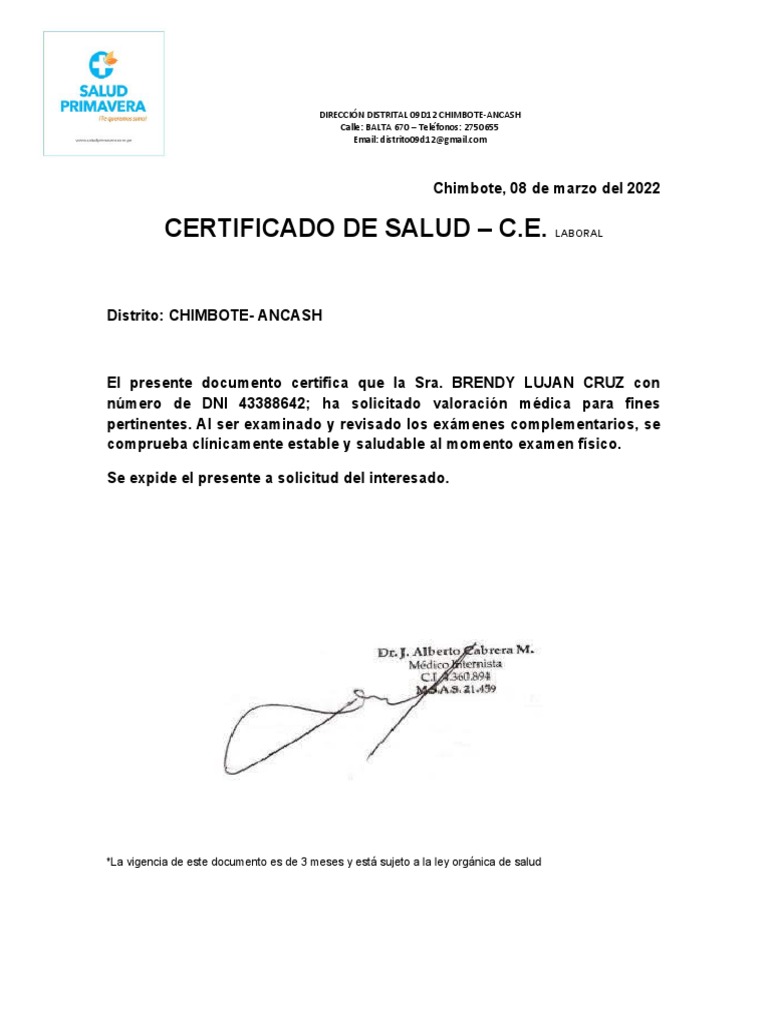 Certificado de Salud Fisica | PDF