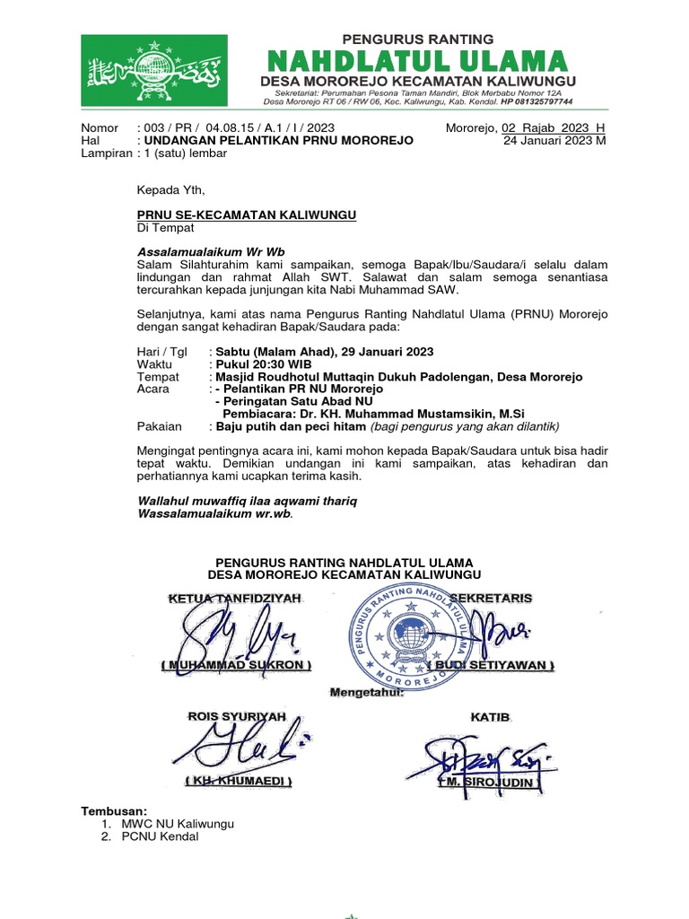 CONTOH SURAT PERMOHONAN PELANTIKAN PRNU RANTING NU | PDF