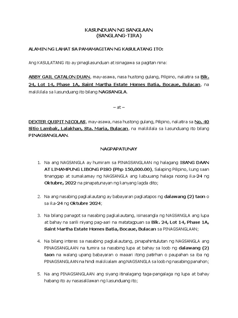 Kasunduan NG Sanglaan (Sanglang Tira) | PDF