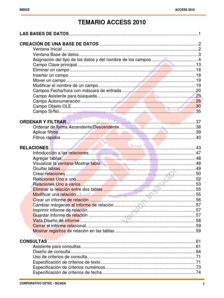 Temario Access 2010 | PDF | Bases de datos | Informática