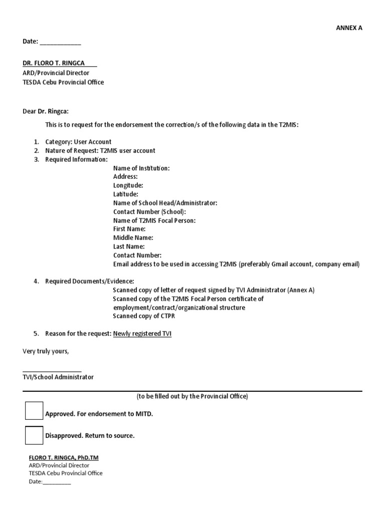 Request For T2MIS User Account | PDF