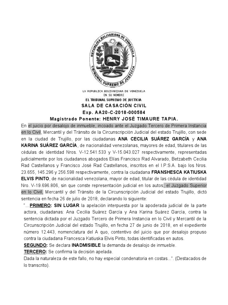 SCC #148 10-06-2022 Procedimiento Por Causales de Desalojo Interpretacion Del Art 91 LPRYCAV ...