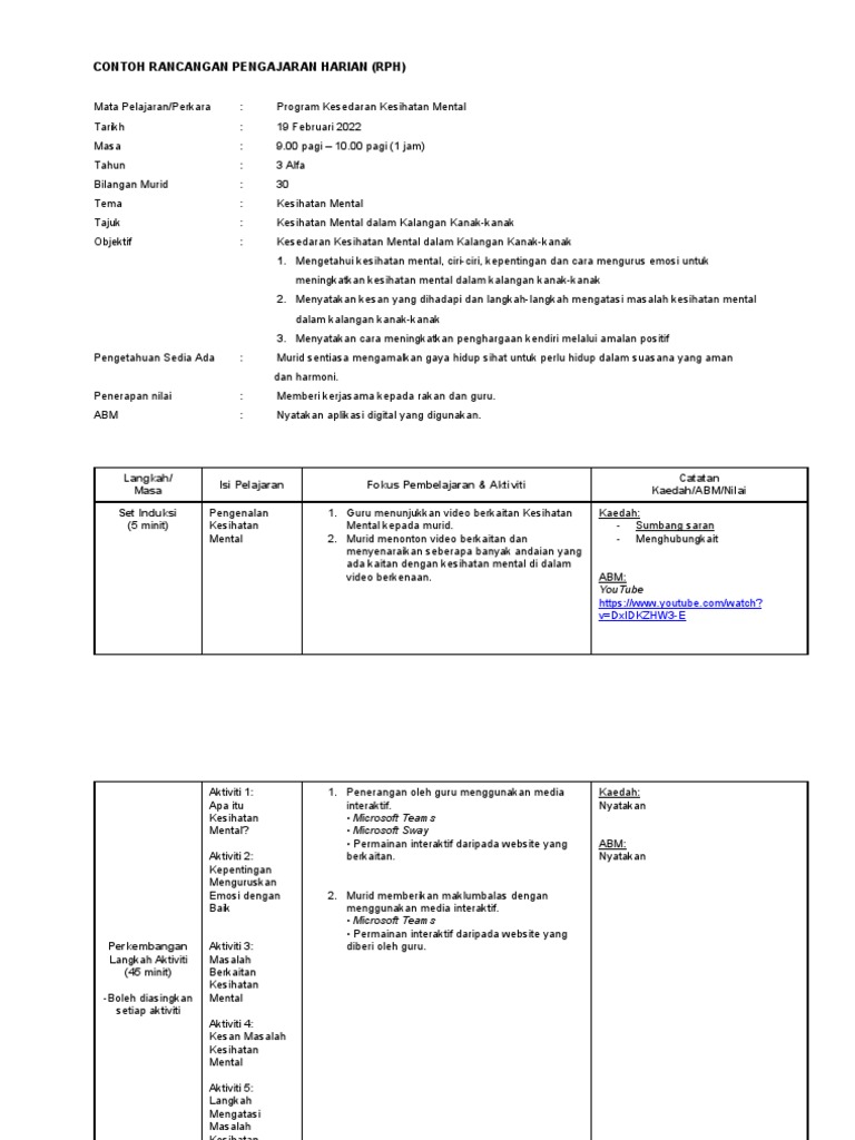 Contoh RPH Tema Kesihatan Mental | PDF