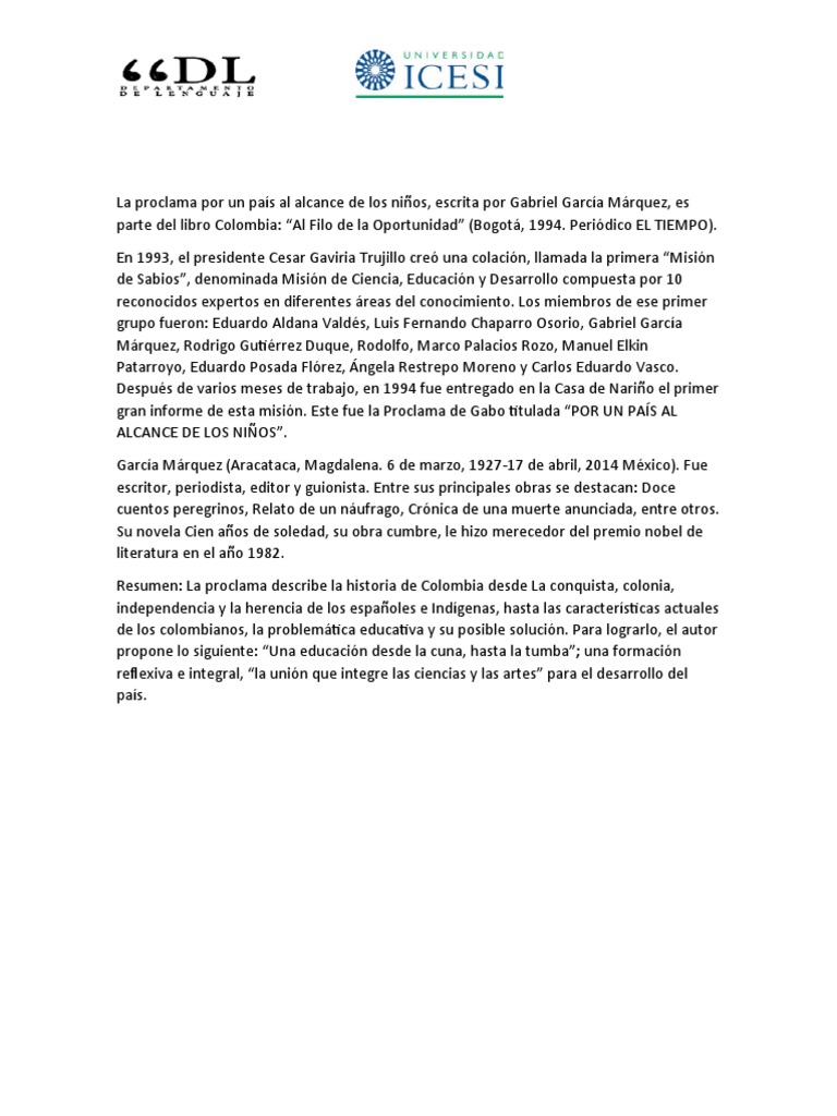Proclama de Gabo: Educación y Colombia | PDF | Gabriel García Márquez