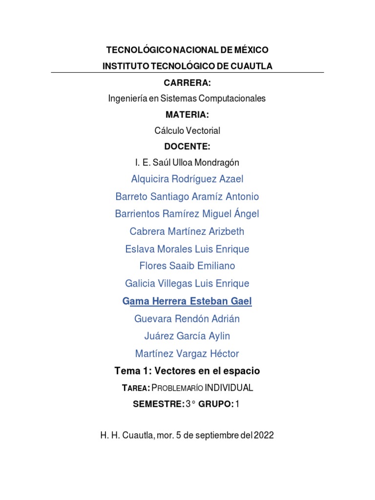 Problemario Calculo Vectorial Tema 1 | PDF