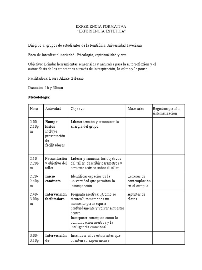 FORMATO TALLER Experiencia Estética ARCA | PDF | Experiencia | Sicología