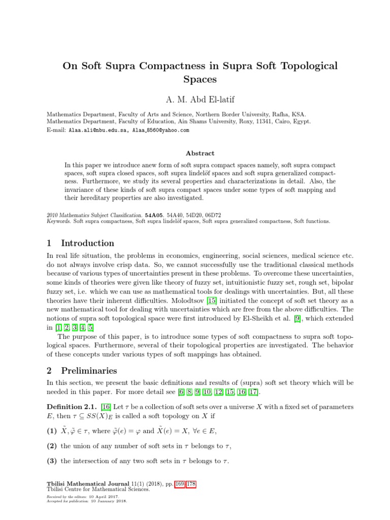 On Soft Supra Compactness in Supra Soft Topological Spaces: A. M. Abd El-Latif | PDF | Compact ...