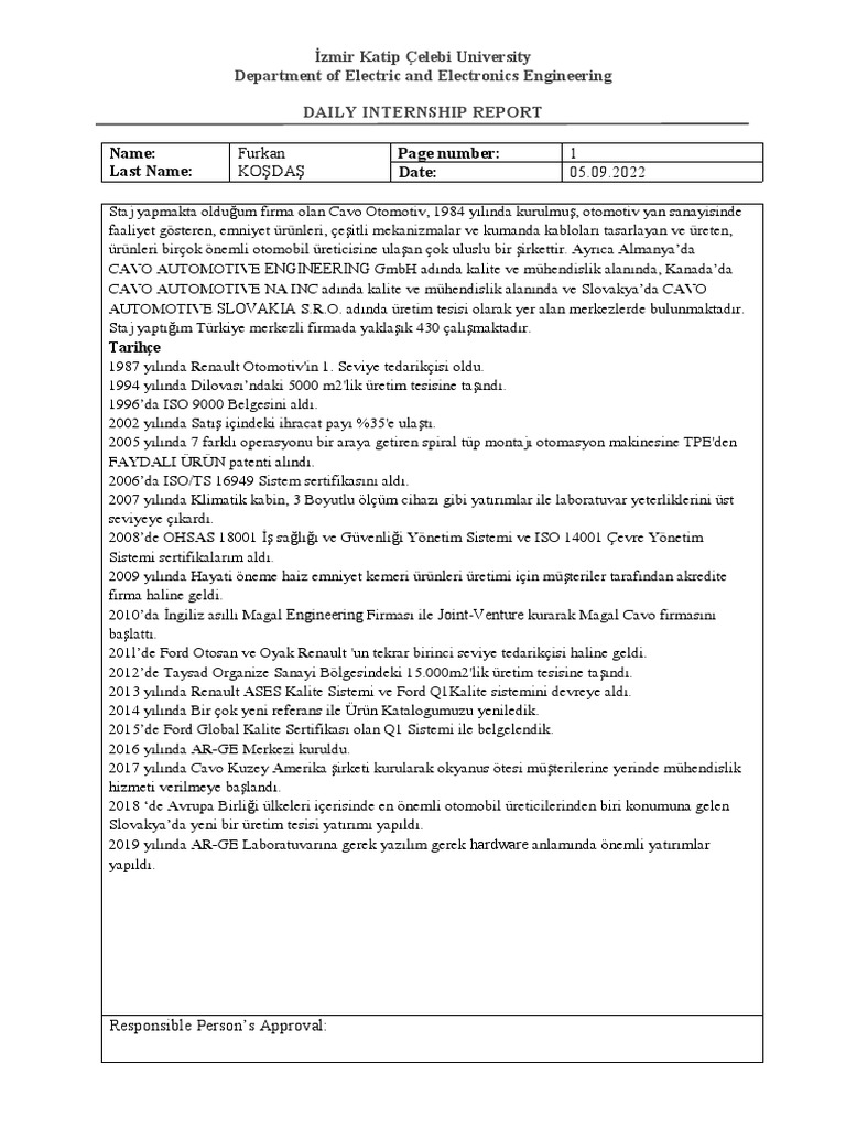 Günlük Staj Raporu | PDF