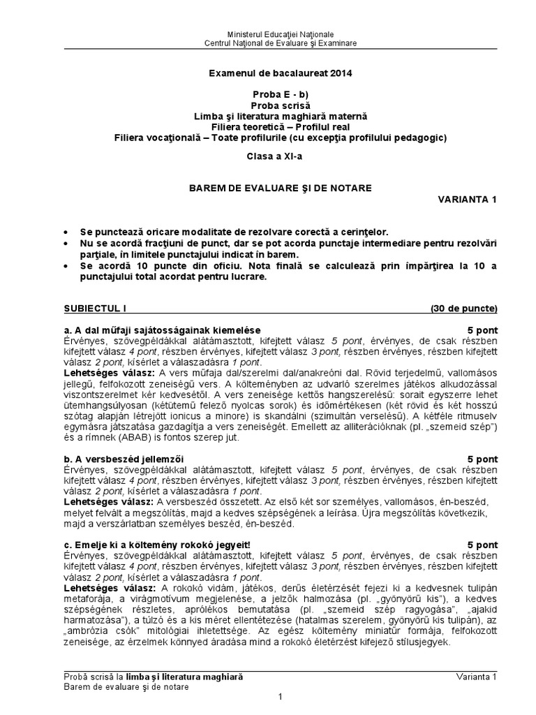 Simulare+bac Maghiara Materna Real Tehn CL 11 Barem | PDF