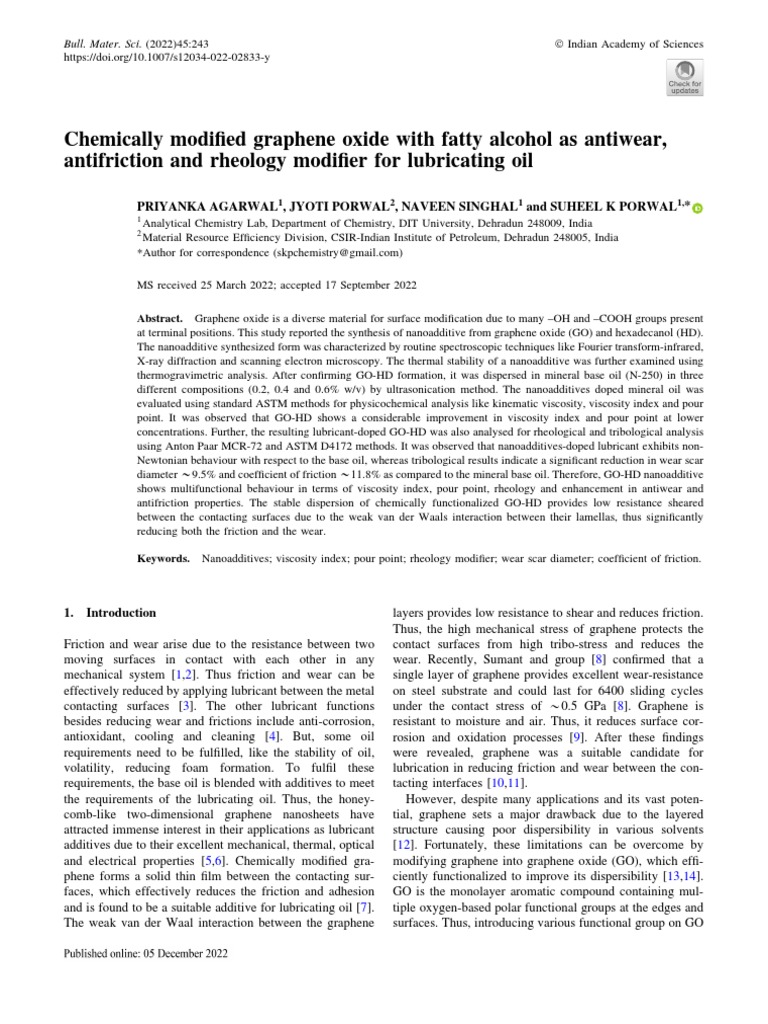 Agarwal Et Al (2022) Chemically Modified Graphene Oxide With Fatty Alcohol As Antiwear ...