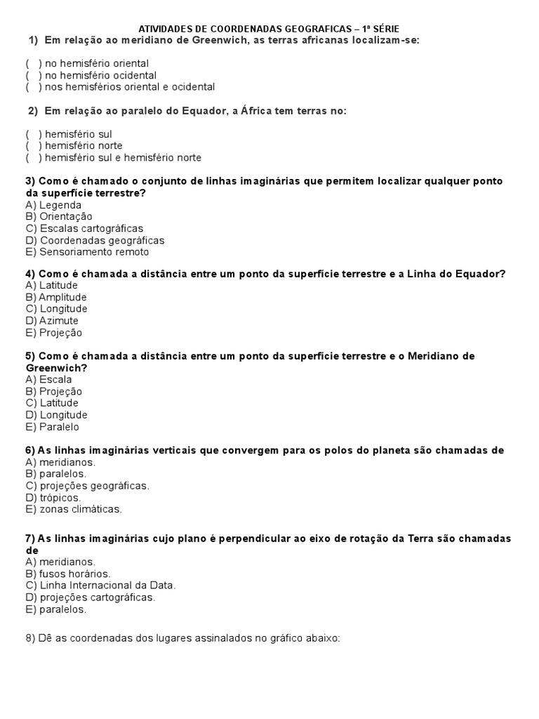 Atividades De Coordenadas Geograficas 1 Série Professor Pdf