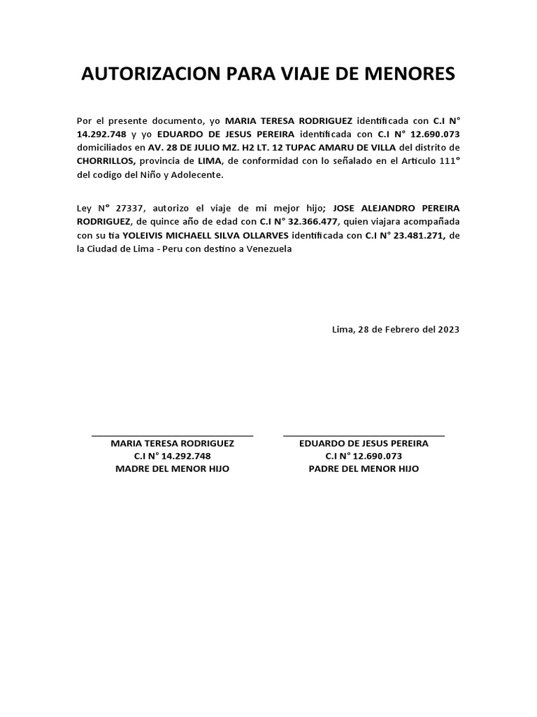 Autorizacion para Viaje de Menores | PDF | Derecho