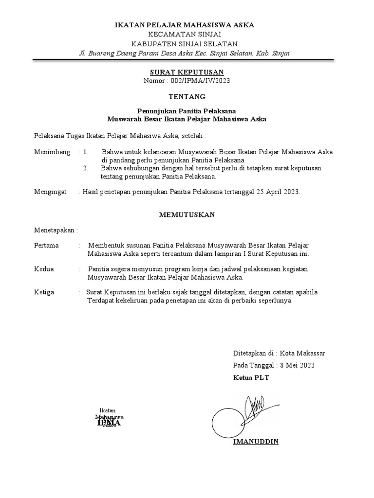 Surat Keputusan Panitia Pelaksana MUBES IPMA | PDF