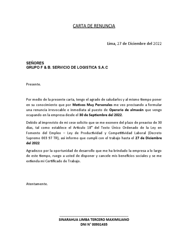 REF CARTA DE RENUNCIA EMPRESA Facil | PDF