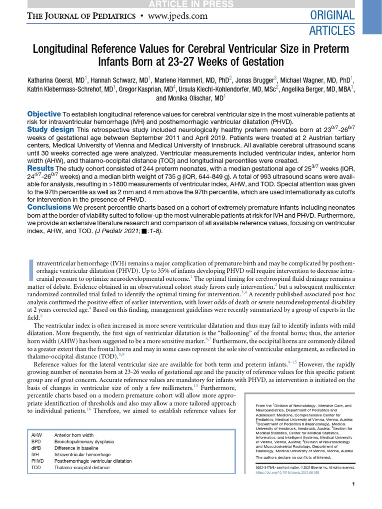 Longitudinal Reference Values For Cerebral Ventricular Size in Preterm ...