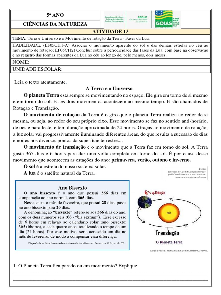 Atividade 13 5 o Ano Ciencia Da Natureza Tema Terra e Universo e o Movimento de Rotacao Da Terra ...