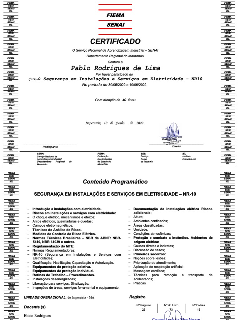 Certificado SENAI Eletrica NR 10 - Pablo | PDF | Primeiros socorros | Brasil