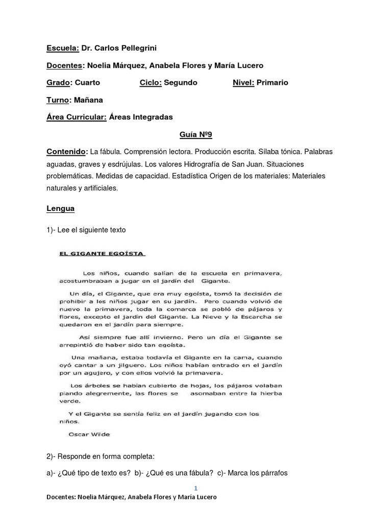 Escuela Dr Carlos Pellegrini Cuarto Grado Guía N°9 Áreas Integradas Pdf