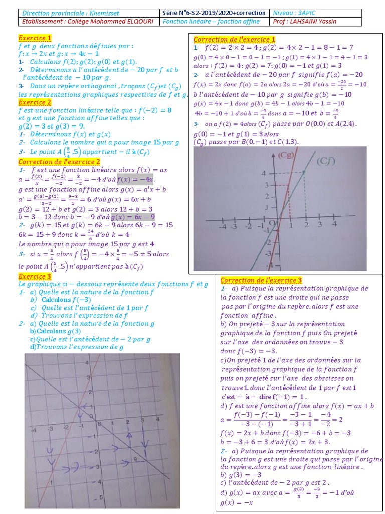 Fonction Lineaire Et Fonction Affine Exercices Corriges 1 Ma | Descargar gratis PDF | Algèbre ...