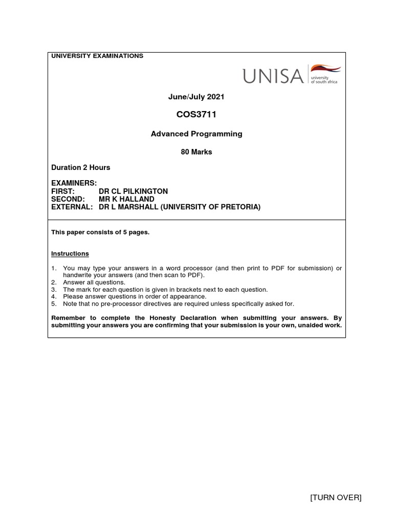 COS3711 2021 JunJul Question Paper | PDF | Class (Computer Programming) | Method (Computer ...