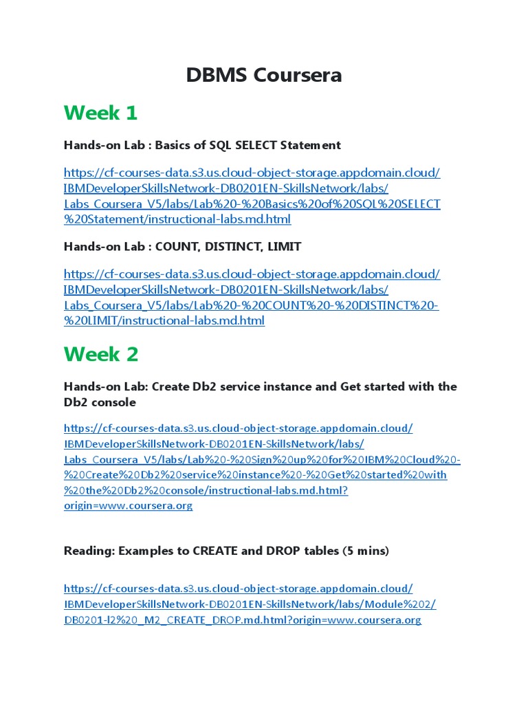 DBMS Coursera Links | PDF | Ibm Db2 | Sql
