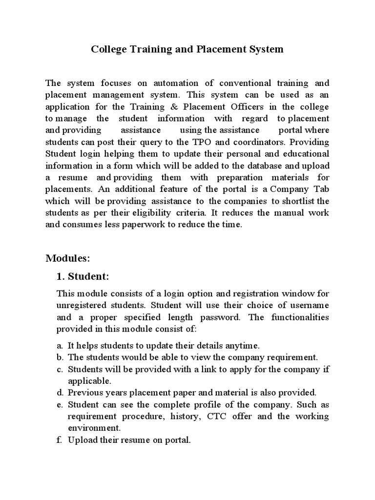 College Training and Placement System synopsis | PDF | Software | Internet