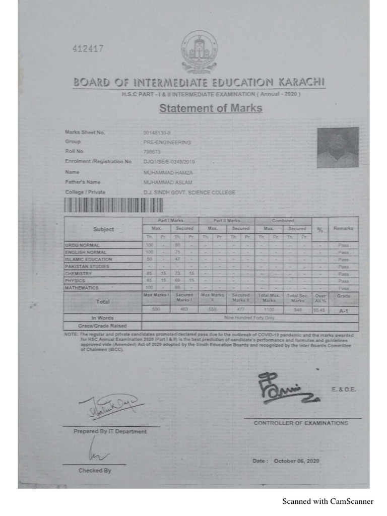 Inter Marksheet | PDF