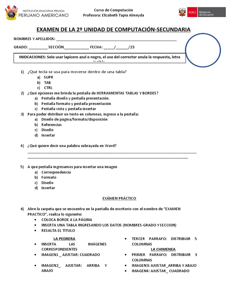 Examen de La 2º Unidad de Computación - 2ºsecundaria | PDF | Informática