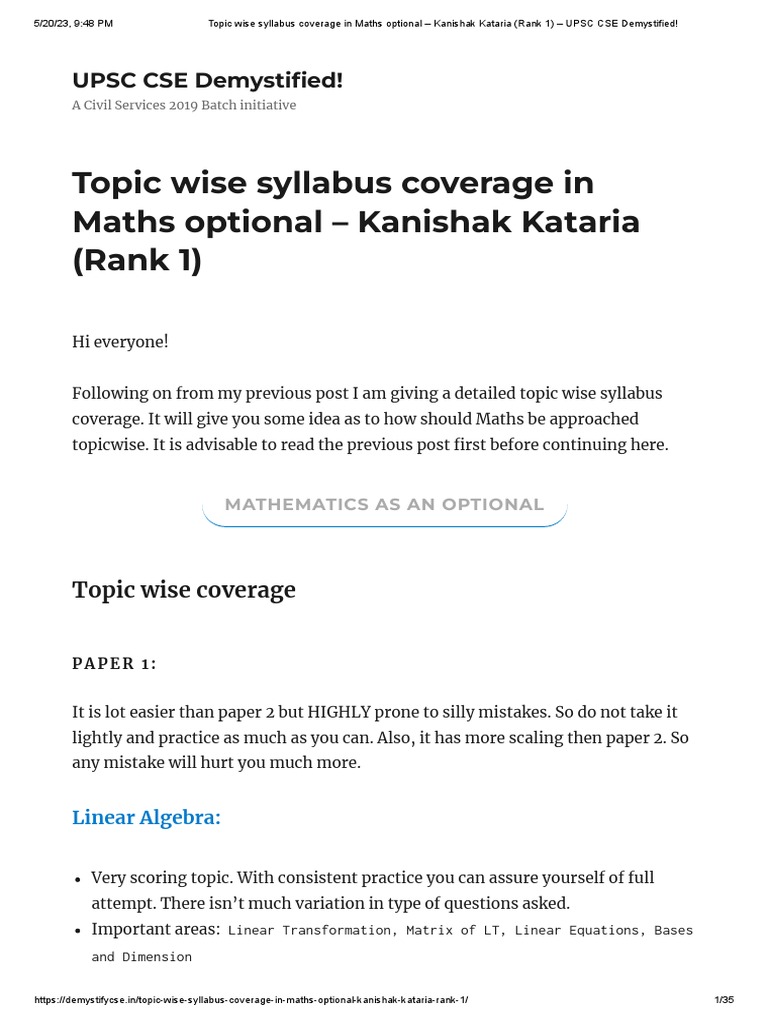 Topic Wise Syllabus Coverage in Maths Optional - Kanishak Kataria (Rank ...