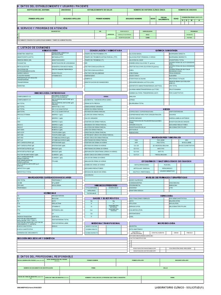 10a Laboratorio Clinico Solicitud 2021 | PDF | Orina | Coagulación