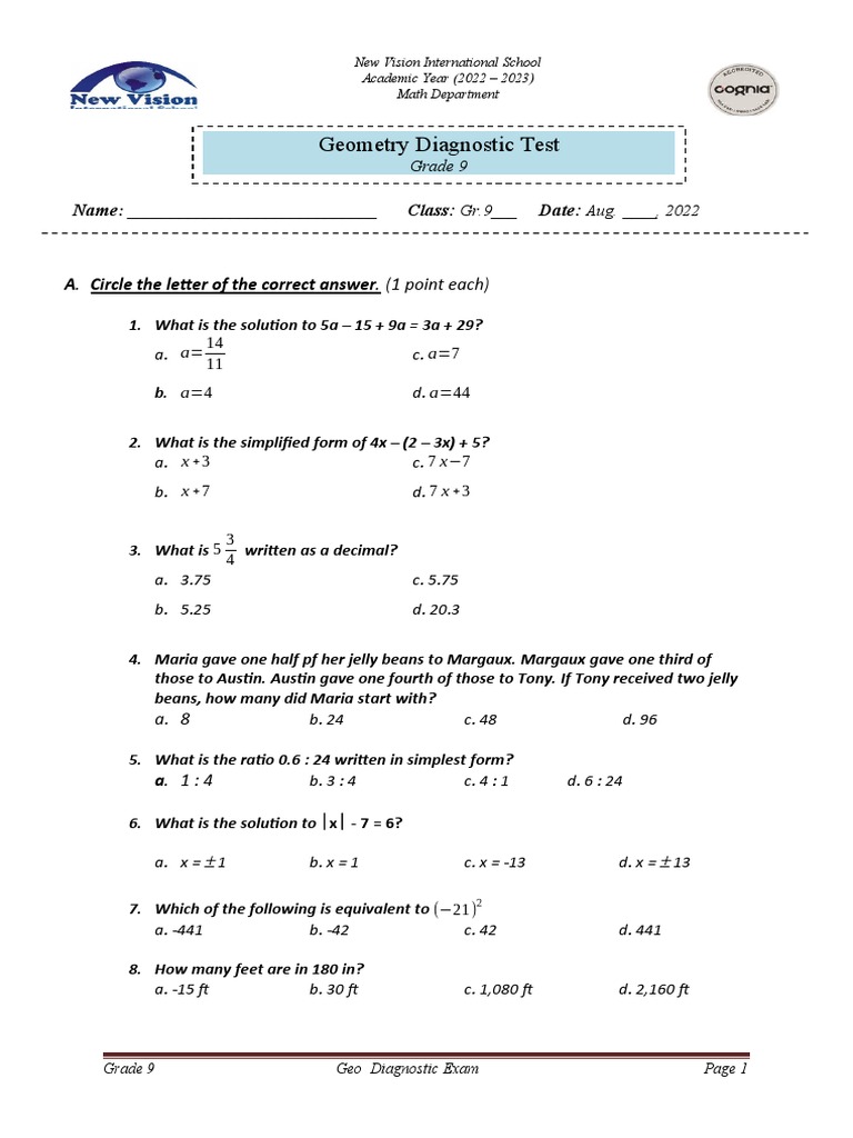 G9 Geometry Diagnostic Test | Download Free PDF | Mathematics