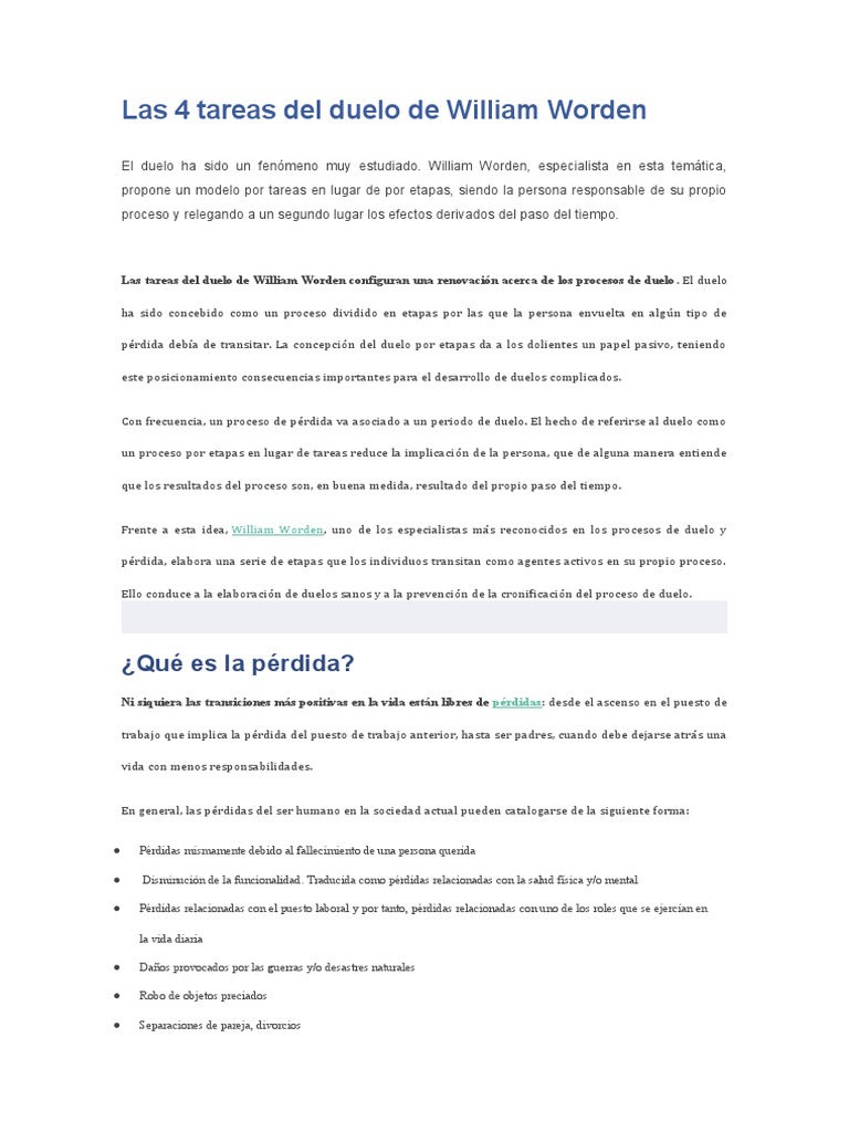 Las 4 Tareas Del Duelo de William Worden | PDF | Dolor | Las emociones