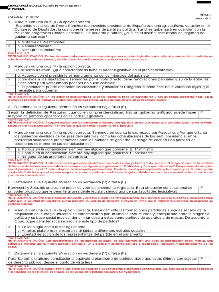 2022 - 2P - Turno 1 Tema 1 - Claves de Corrección | PDF | Democracia | Ideologías políticas