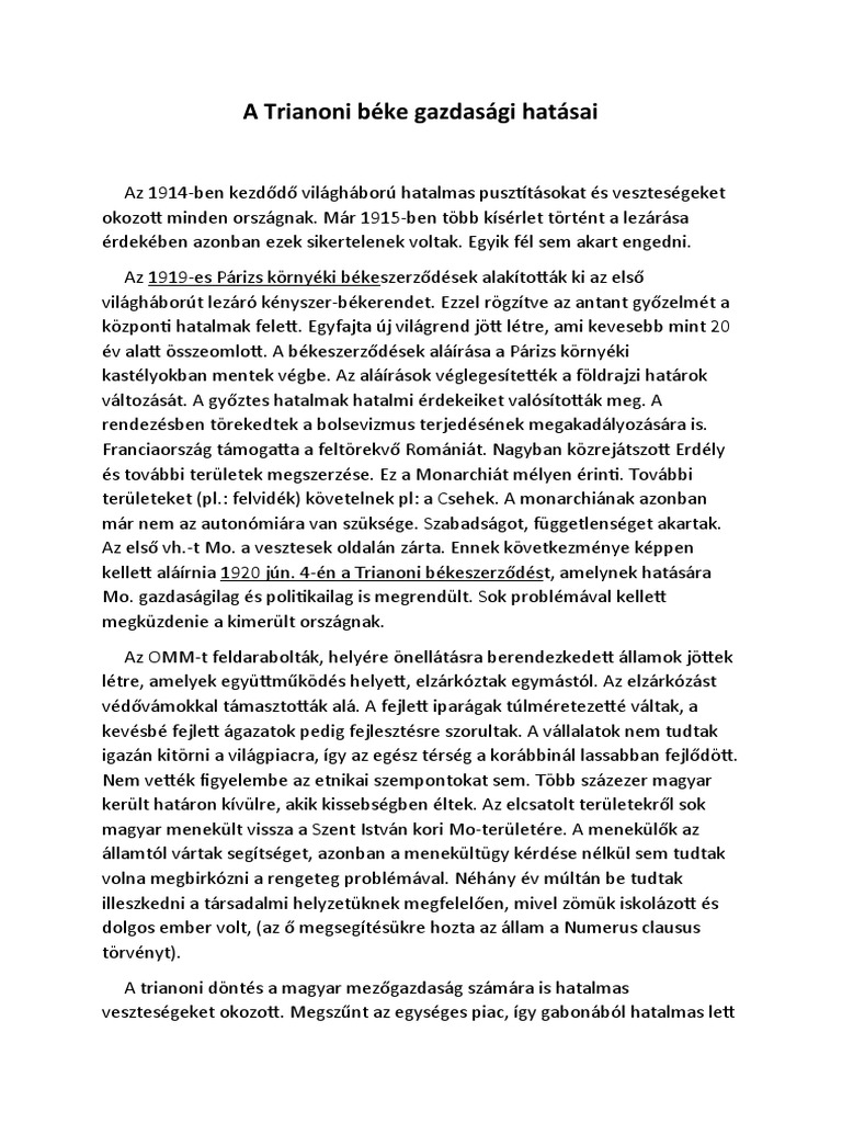 Töri A Trianoni Béke Gazdasági Hatásai | PDF
