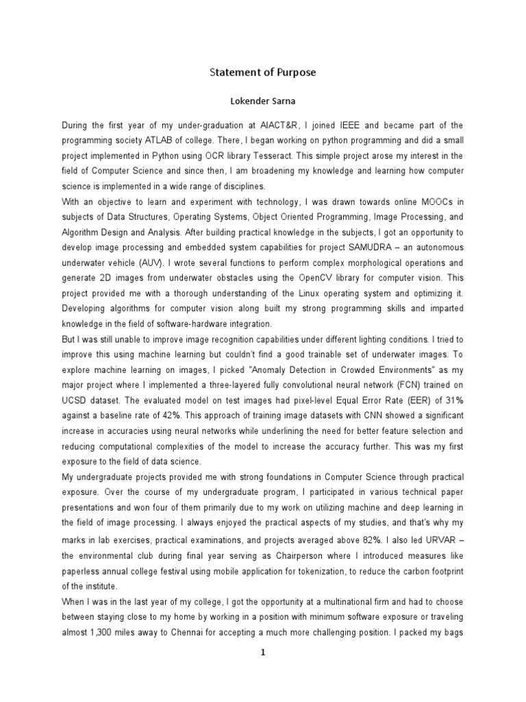 Statement of Purpose-LokenderSarna-final | PDF | Machine Learning ...