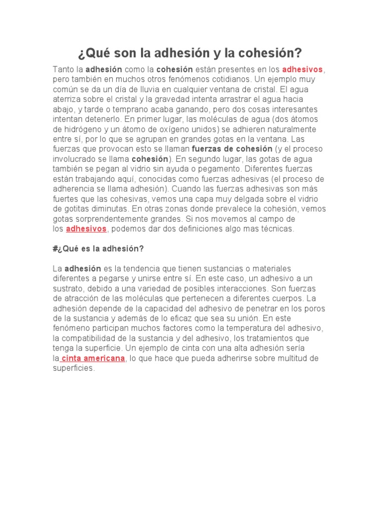 Qué Son La Adhesión y La Cohesión | PDF | Adhesión | Fuerza intermolecular