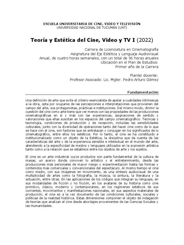 Teoría y Estética Del Cine I - Programa 2022 | PDF | Estética | Teoría