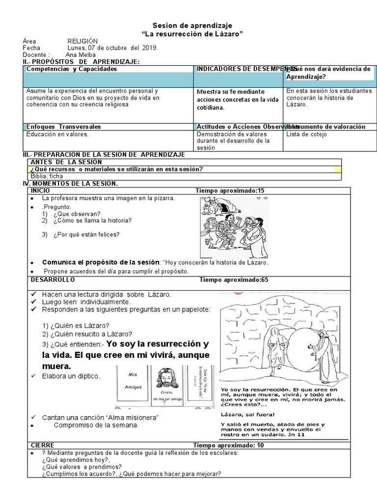 Aprendizaje sobre la Resurrección de Lázaro | PDF | Aprendizaje ...