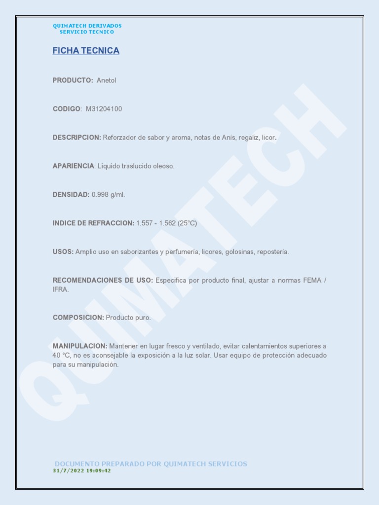 Ficha Tecnica Anetol | PDF | Salud y bienestar | Ciencia y matemáticas